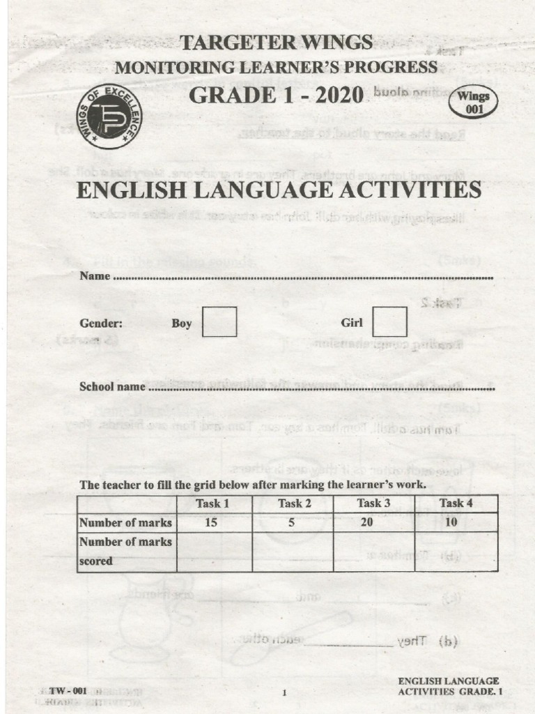 2020 Mid T1 Grade 1 English Language Activities Exam | PDF