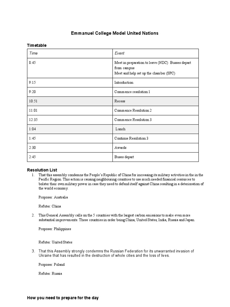Model United Nations Assembly Format | PDF