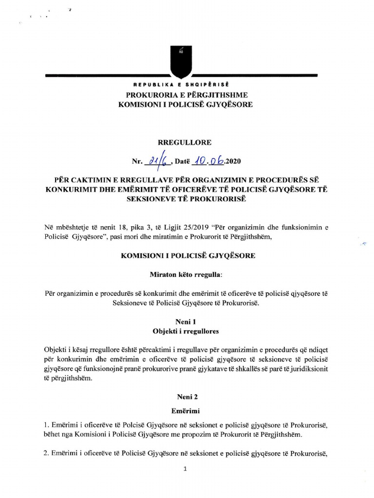 Rregullore Per Emerimn e Oficereve Te Polocise Gjyqesore Te Seksioneve Te Prokurori | PDF