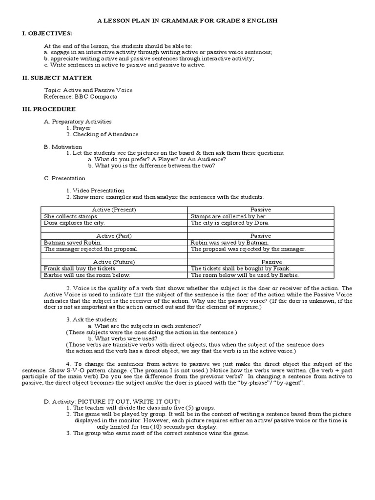 A Lesson Plan in Grammar for Grade 8 PDF Verb Subject Grammar 