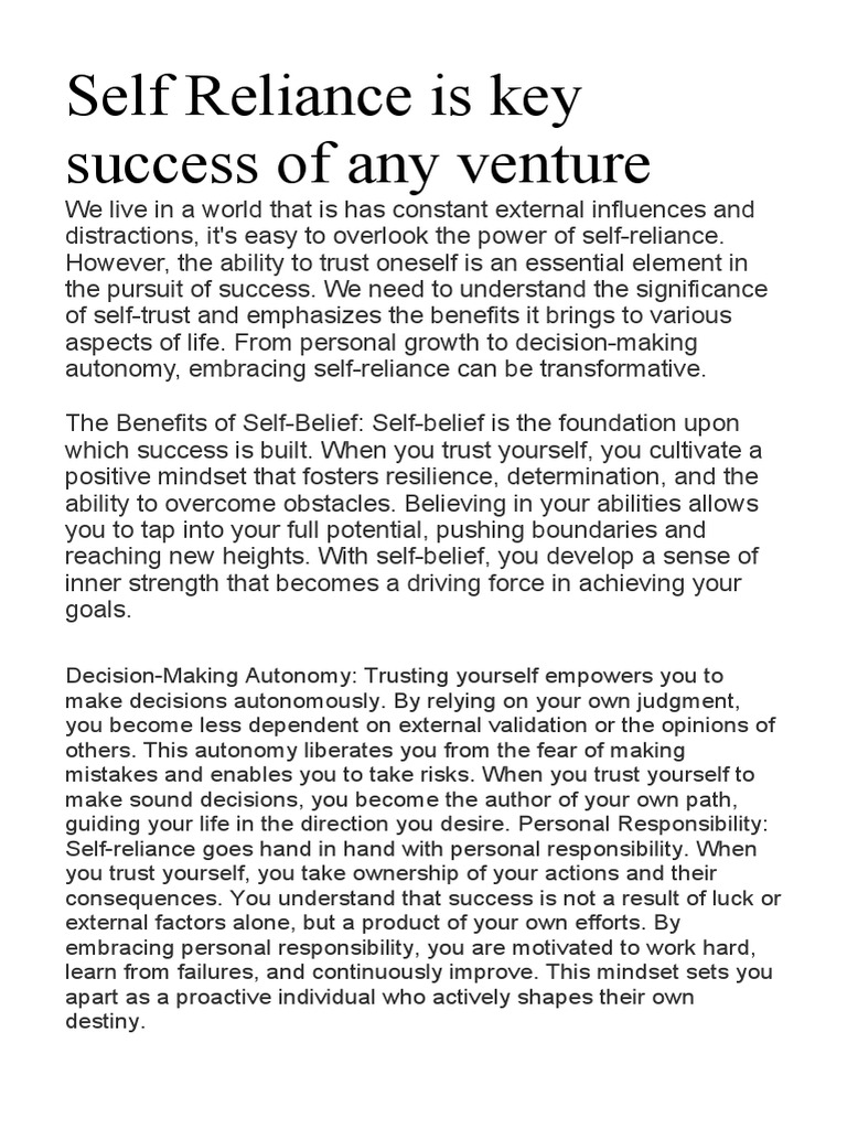 Self Reliance Is Key Success of Any Venture | PDF