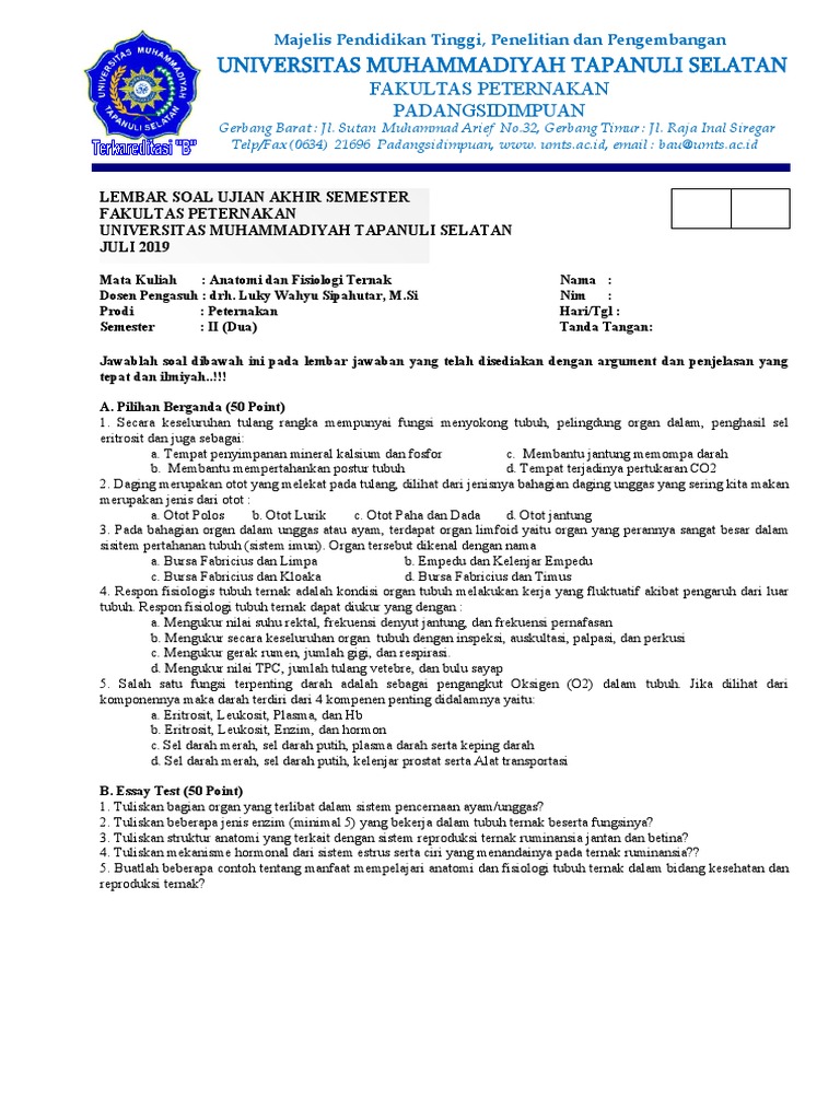 SOAL UAS ANATOMI DAN FISIOLOGI TERNAK GENAP 2019 | PDF