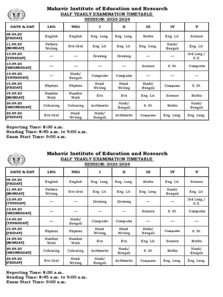 Primary Section Half Yearly Timetable | PDF