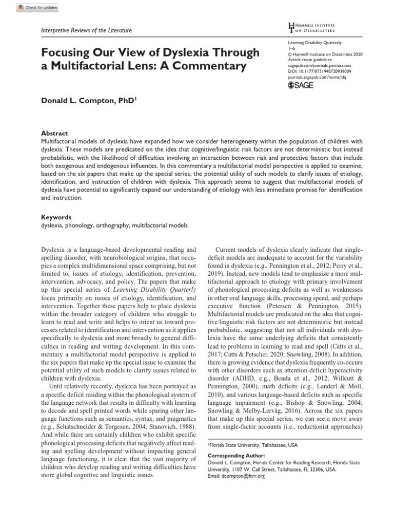 Focusing Our View of Dyslexia Through A Multifactorial Lens: A ...