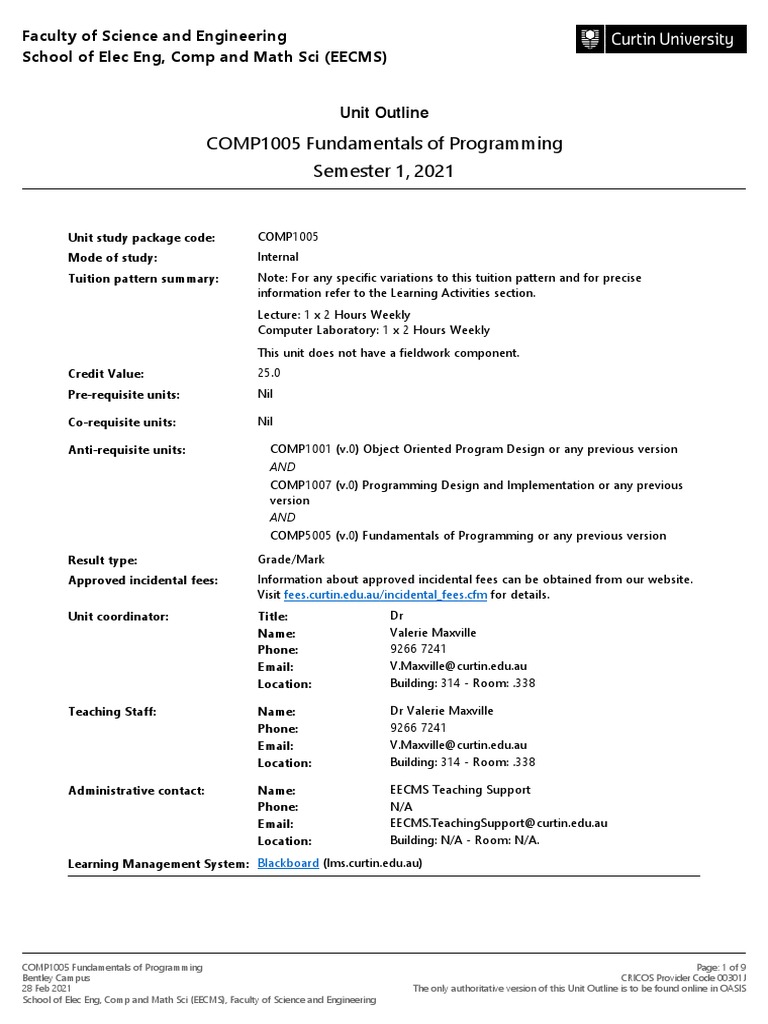 COMP1005 Fundamentals of Programming Semester 1 2021 Bentley Campus INT | PDF