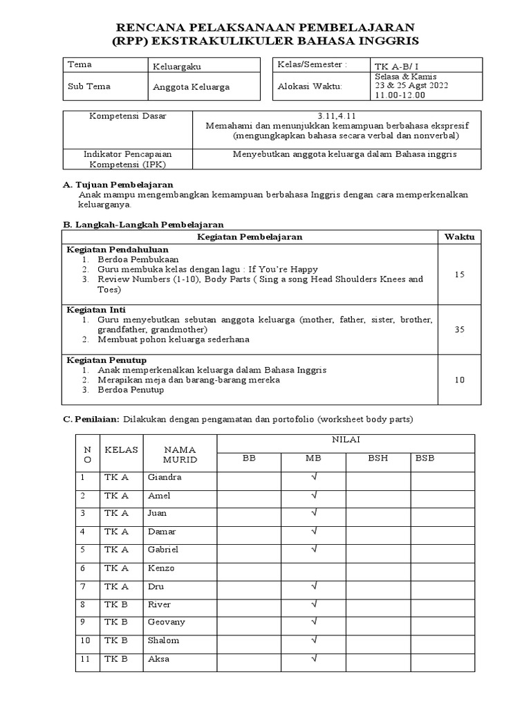 RPP Bahasa Inggris TK-Family1 | PDF