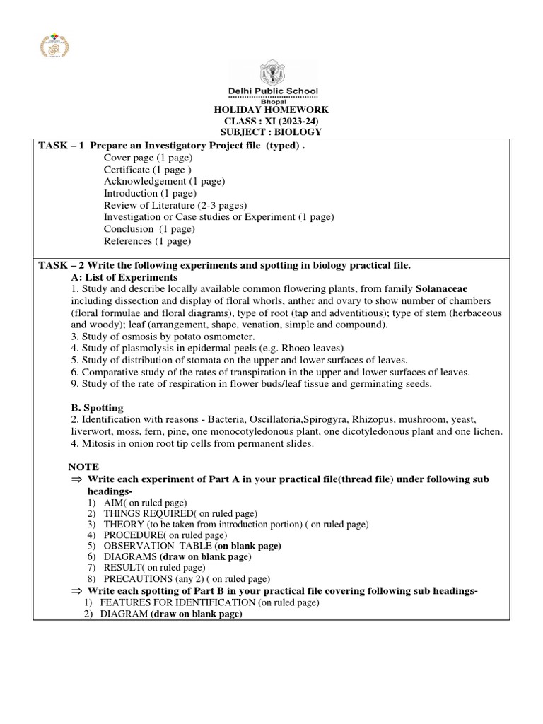 2023-24 CL 11 Bio HOLIDAY HOMEWORK | PDF