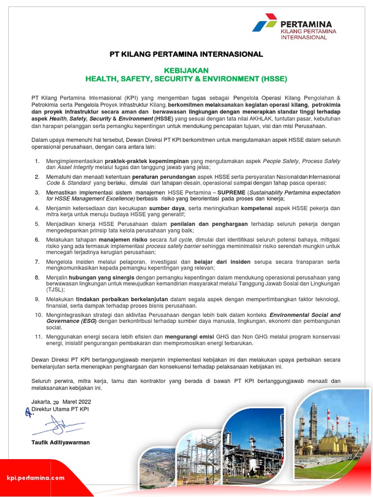 Kebijakan Health, Safety, Security & Environment (Hsse) : PT Kilang ...