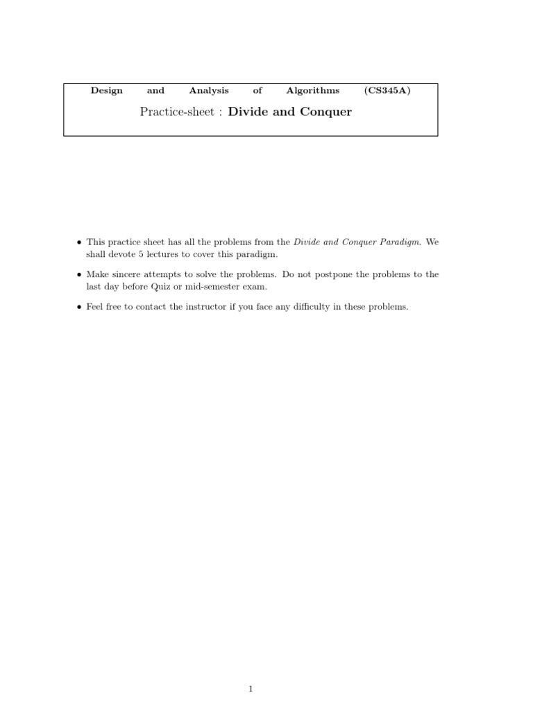 Practice Sheet Divide and Conquer | PDF | Time Complexity | Matrix (Mathematics)
