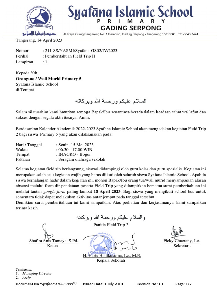 Surat Field Trip P5 | PDF