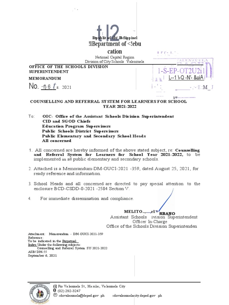 Counselling and Referral System For Learners For School Year 2021-2022 ...