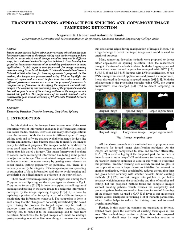 Transfer Learning Approach For Splicing and Copy-Move Image Tampering Detection | PDF | Systems ...