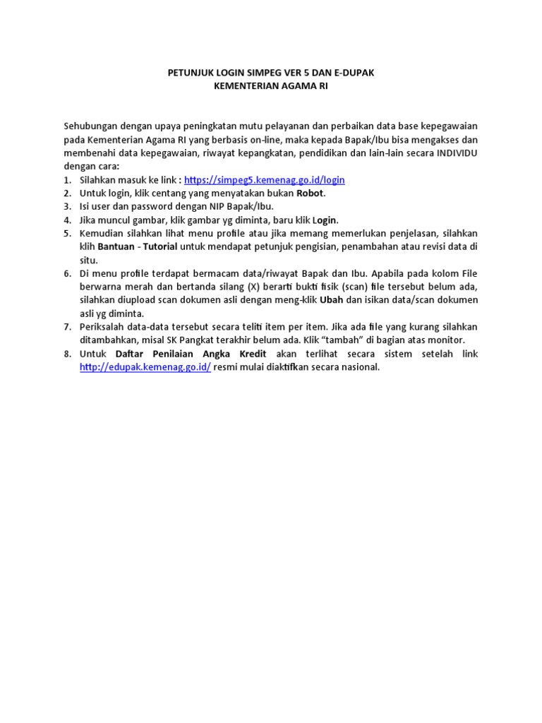 Panduan Login SIMPEG 5 Kemenag RI | PDF