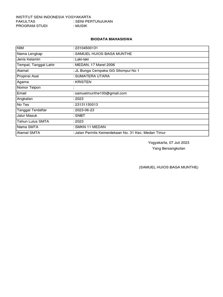 Biodata Samuel Huios Baga Munthe | PDF