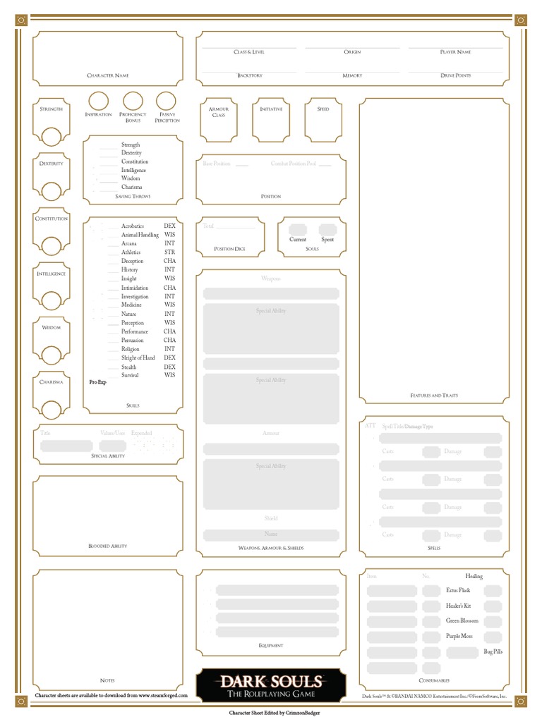Dark Souls The Roleplaying Game Character Sheet (Form Fillable) | PDF ...