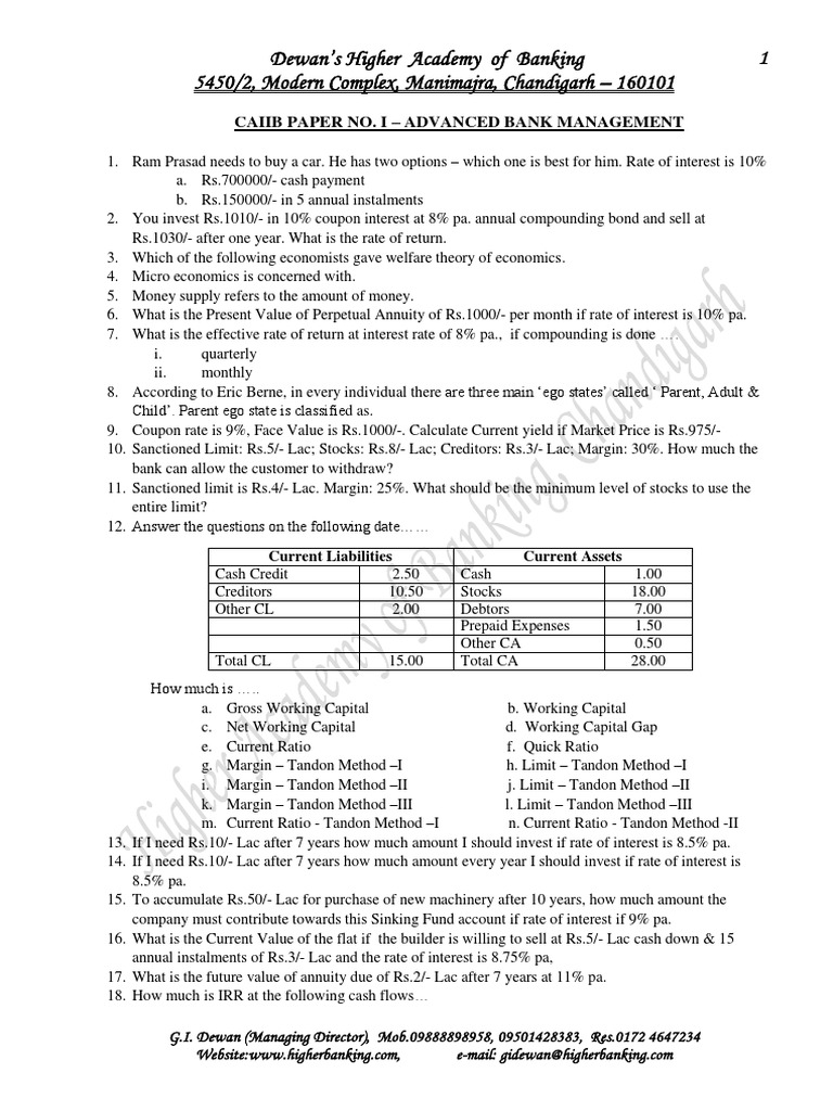 Caiib - Abm - Sample Questions | PDF | Interest | Banking