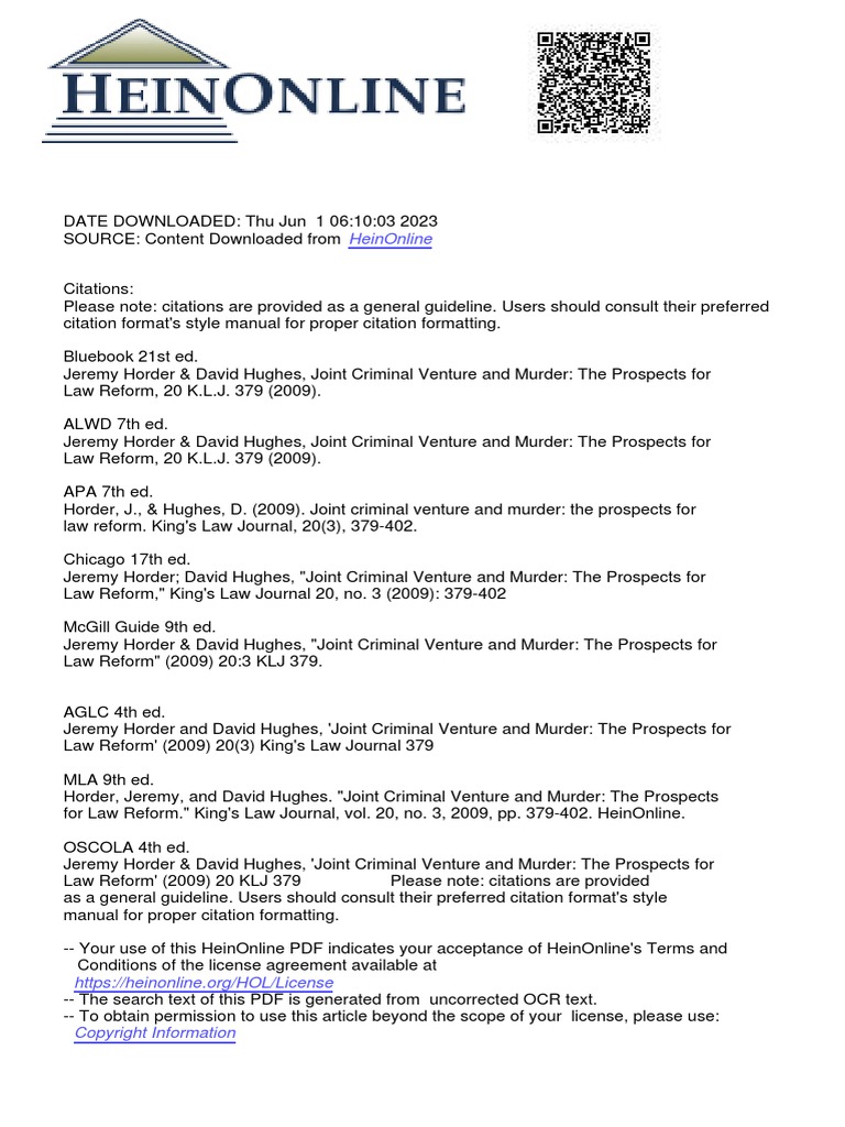 Oint Criminal Venture and Murder The Prospects For Law Reform | PDF | Crimes | Crime & Violence