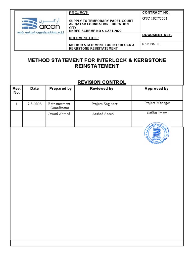 Method Statement For Interlock & Kerbstone Reinstatement | PDF