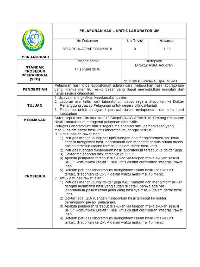 Prosedur Pelaporan Hasil Kritis Lab | PDF