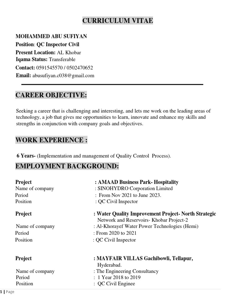 CV of QC Inspector Civil Mohammed Abu Sufiyan | PDF | Concrete | Specification (Technical Standard)