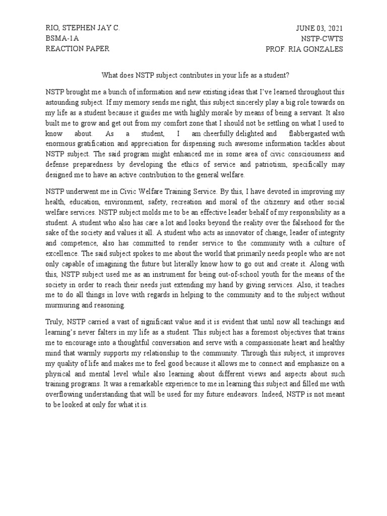 Rio - CWTS - Reaction Paper. | PDF | Social Science | Self-Improvement