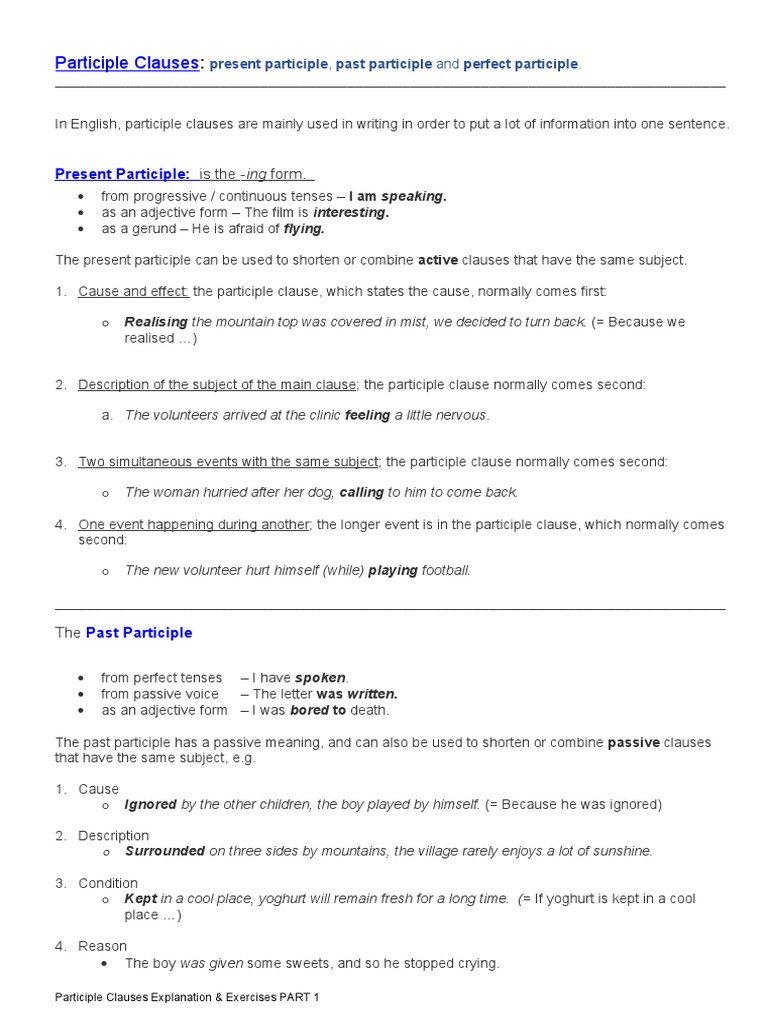 Participle Clauses Explanation Exercises Part 1 | PDF