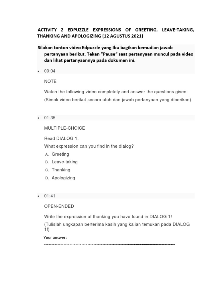 Activity 2 Manual Edpuzzle Expressions of Greeting, Leave-Taking, Thanking and Apologizing ...