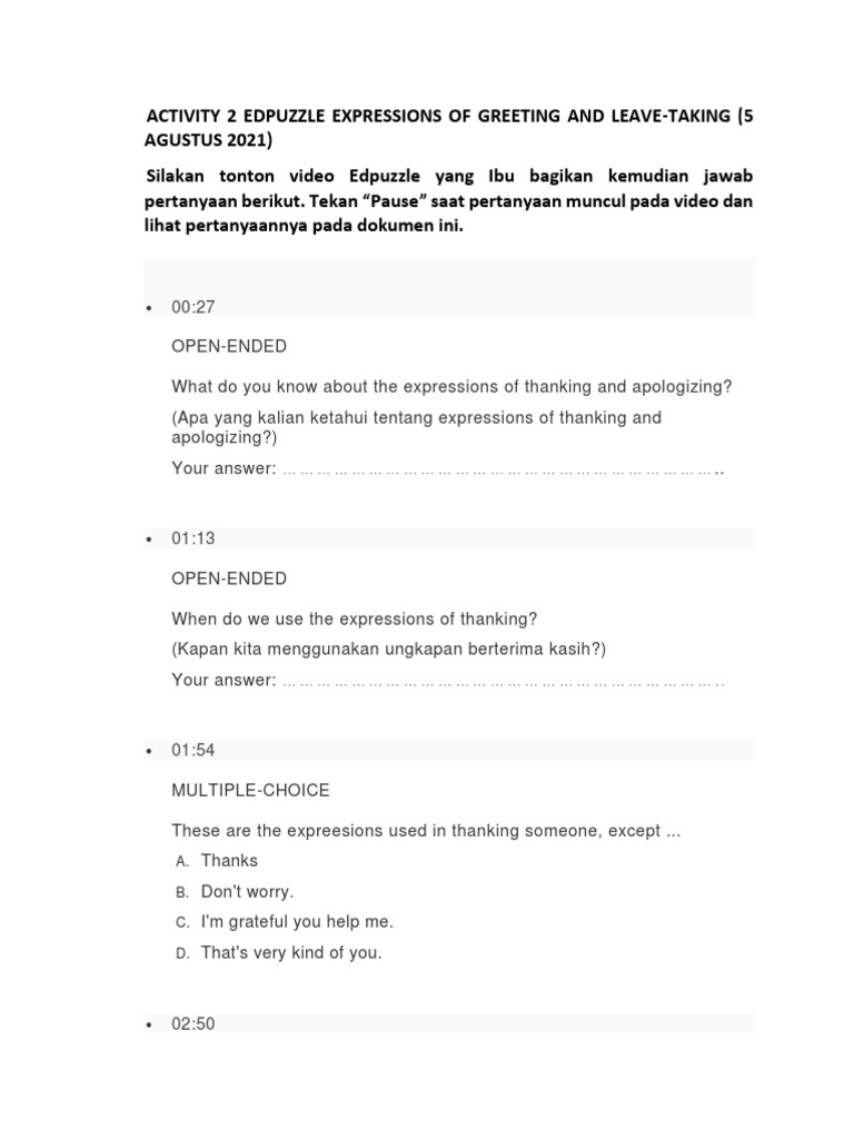 Activity 2 Manual Edpuzzle Expressions of Thanking and Apologizing | PDF