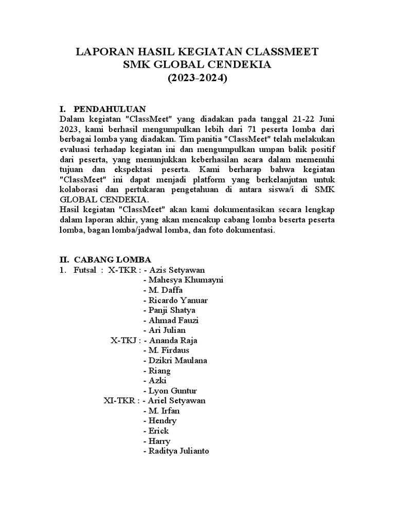Laporan Hasil Kegiatan Classmeet | PDF