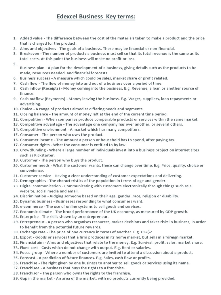 Edexcel Business Key Terms | PDF | Franchising | Prices