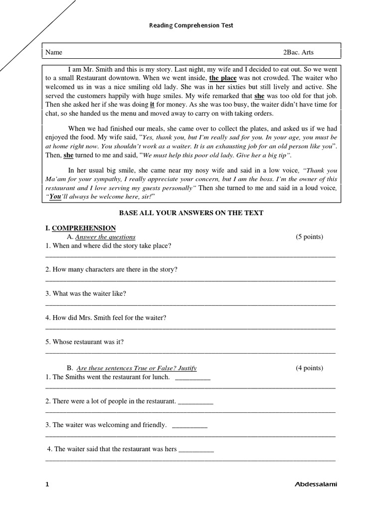 2 Bac Reading Test 4 | PDF | Waiting Staff