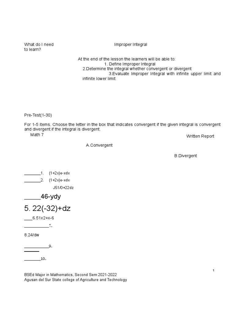 Written Report Group Improper Integral Bsedmath2a Pdf Integral