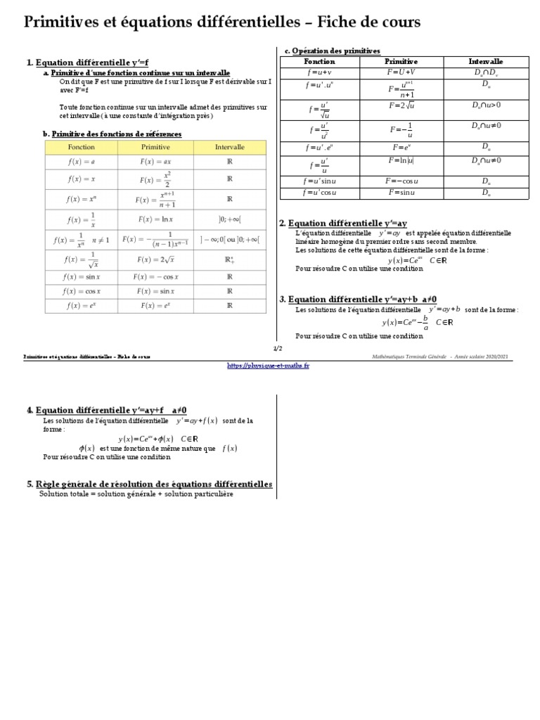 Primitives Equations Differentielles Fiche Cours | PDF | Équations | Calcul différentiel