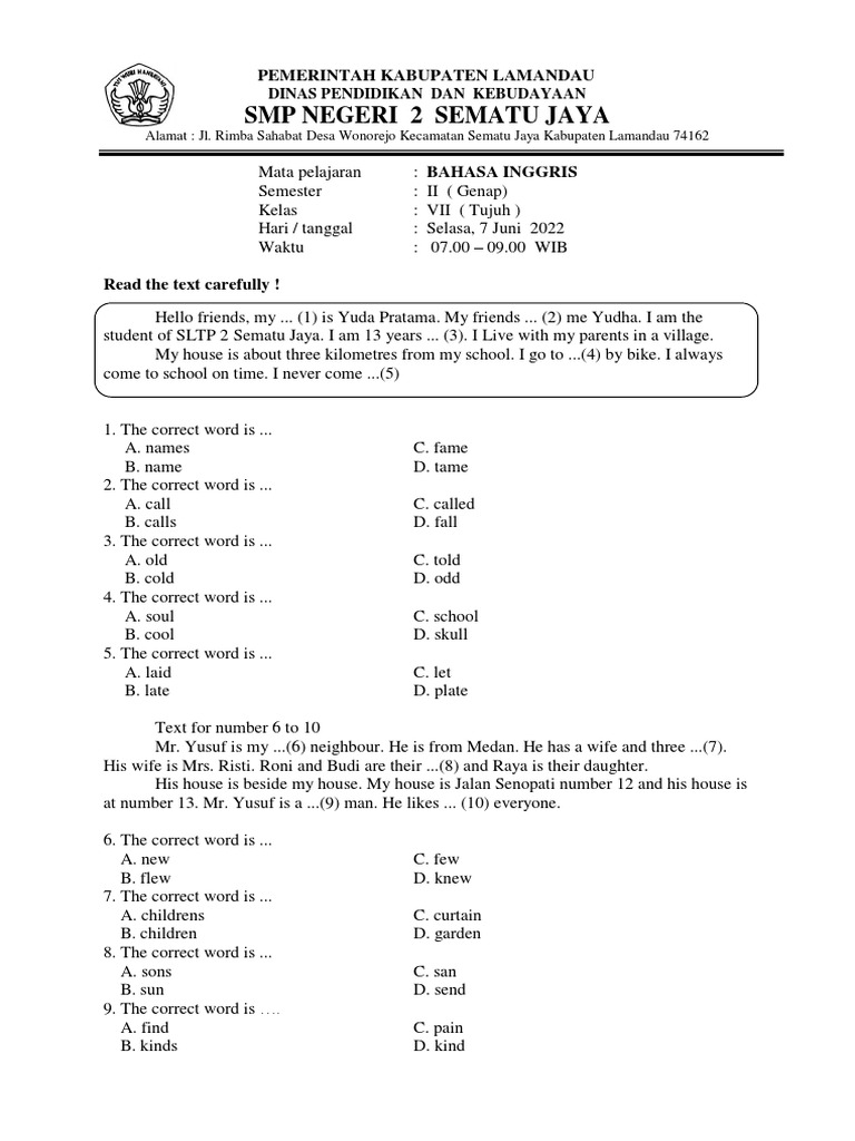 SOAL BAHASA INGGRIS KLAS 7 SeMesTer 2 | PDF