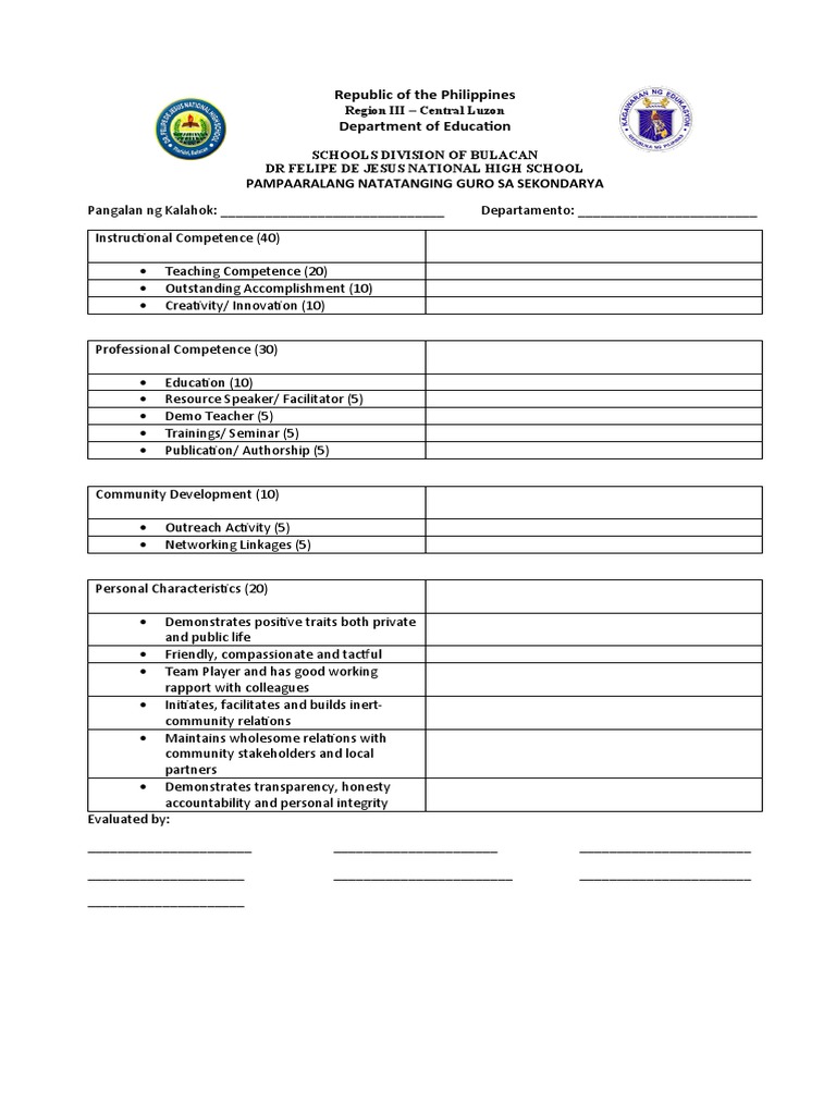 Evaluation Criteria for Teachers in Bulacan | PDF | Career & Growth