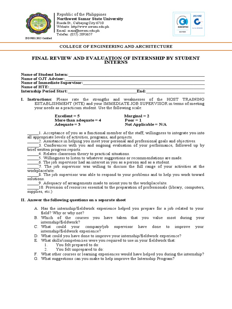 Internship Form 5 - Final Review and Evaluation of Internship by Student Interns | Download Free ...