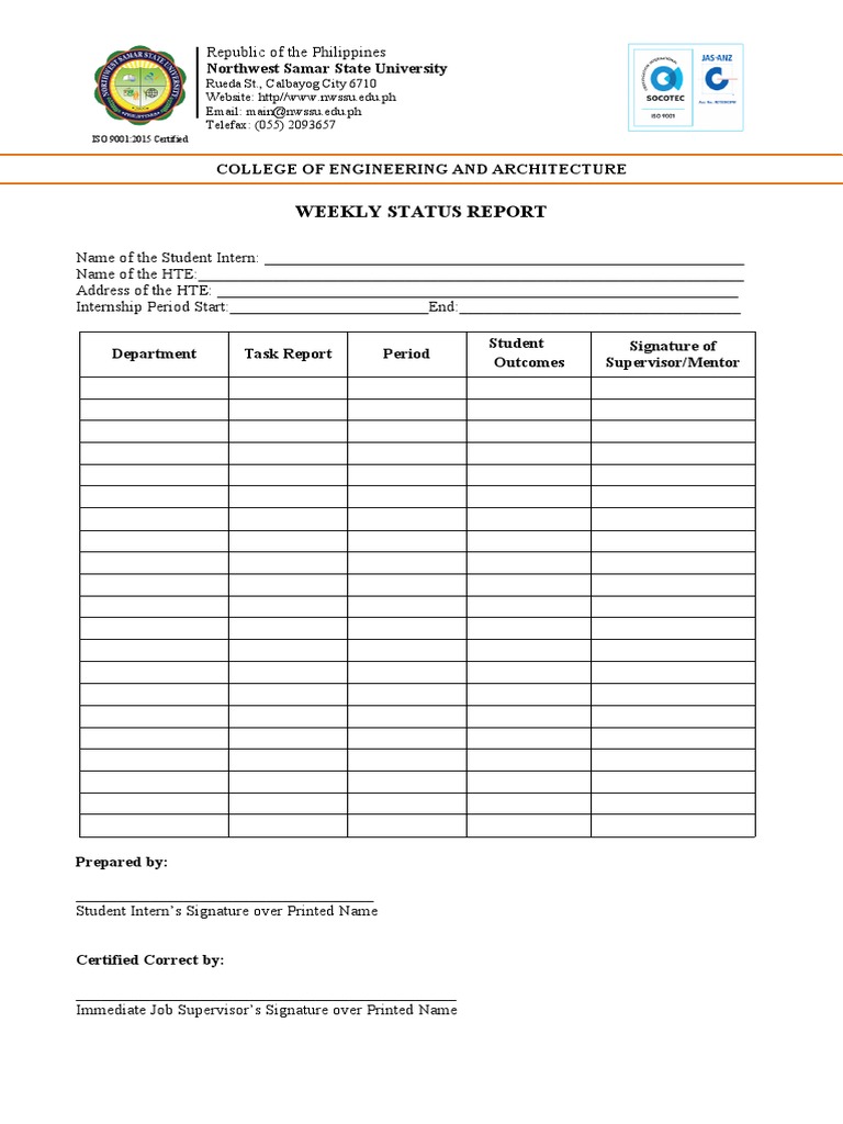 Internship Form 4 - Weekly Status Report | PDF | Career & Growth