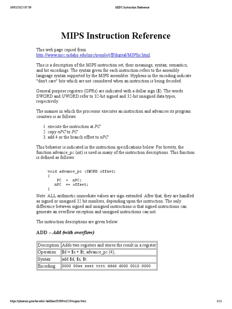 MIPS Instruction Reference-1 | PDF MIPS Instruction Reference-1 | PDF