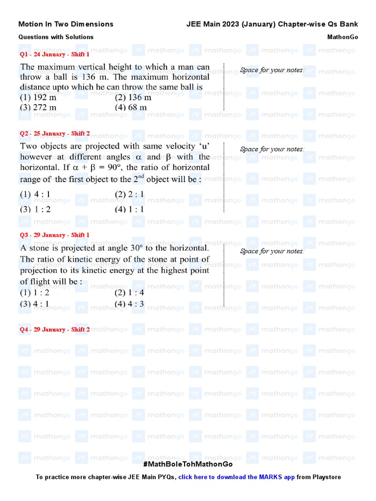 Motion in Two Dimensions - JEE Main 2023 January Chapter Wise Questions ...