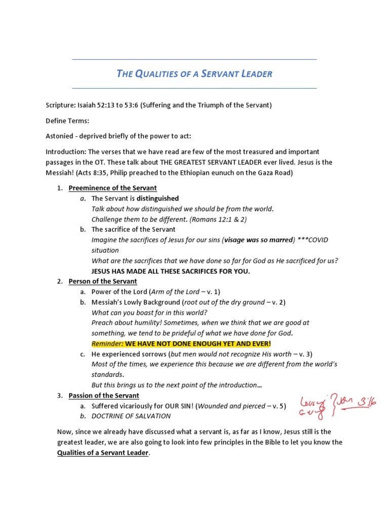 The Qualities of A Servant Leader - 08092020 | PDF | Jesus | Leadership