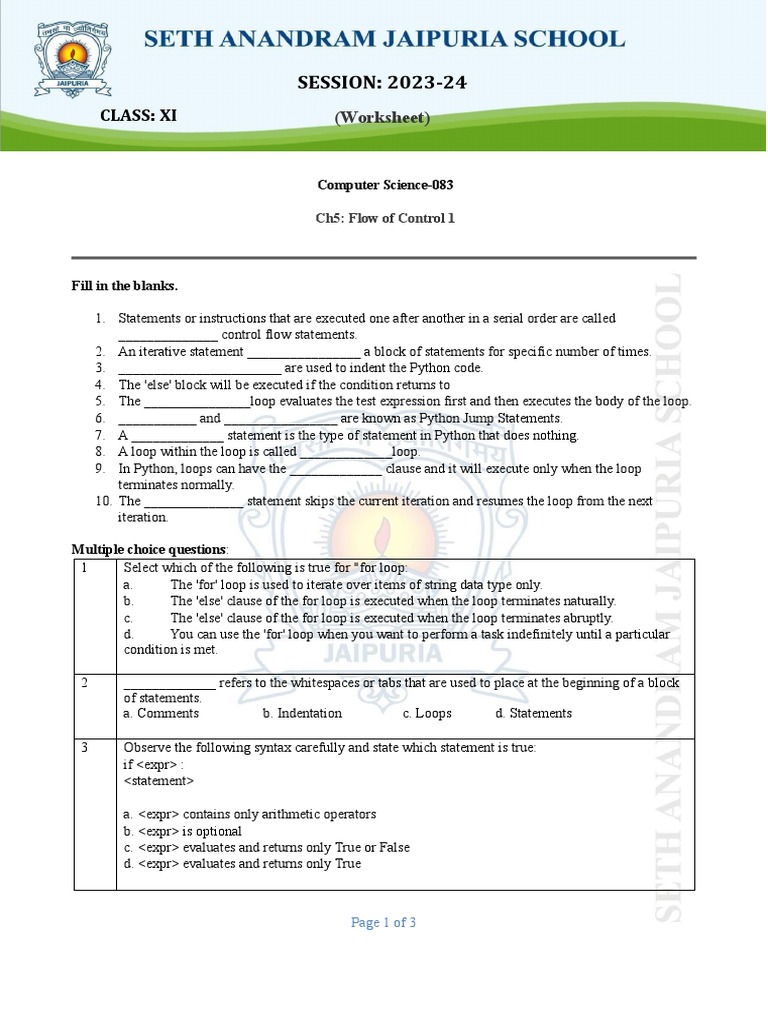 XI CS WS CH6 Flow of Control 1-23-24 | PDF | Control Flow | Computer ...
