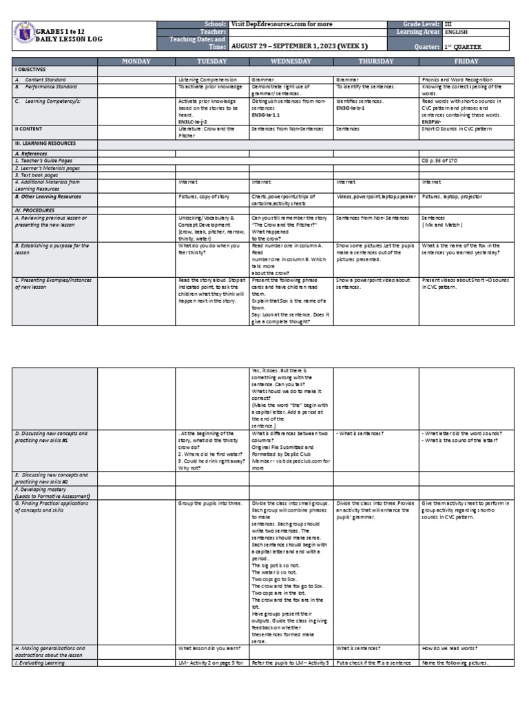 DLL - English 3 - Q1 - W1 | PDF