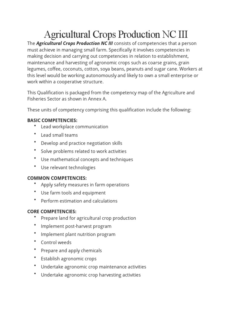 Agricultural Crops Production NC III CORE COMPETENCIES | PDF