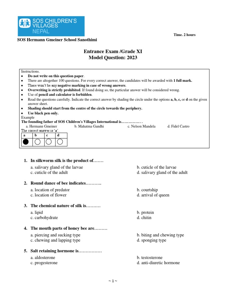 Entrance Exam /grade XI Model Question: 2023: SOS Hermann Gmeiner School Sanothimi | PDF ...