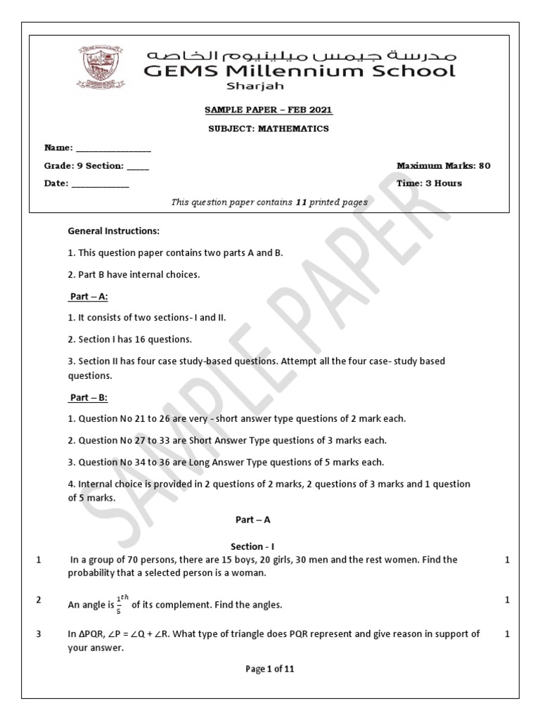 GR 9 Math SAMPLE PAPER Feb 2021 | PDF