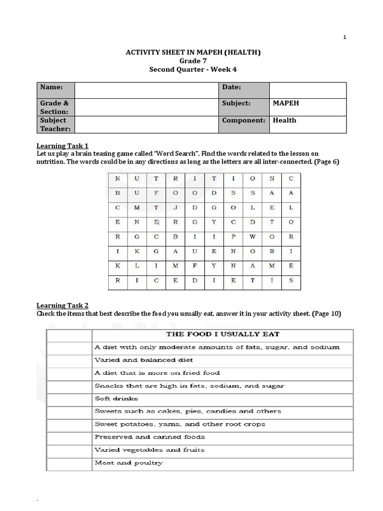 Activity Sheet Formative Test HEALTH 7 Q2 | PDF | Micronutrient ...