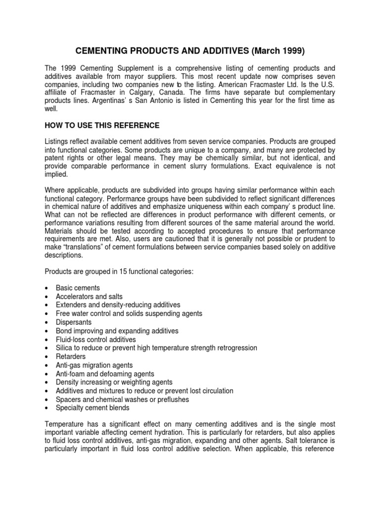 1999 Cementing Products & Additives | PDF | Cement | Materials