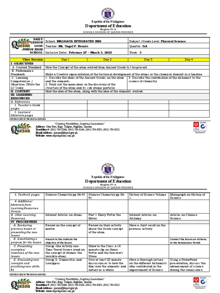 Physical Science G11, Q3, WK 3 - DLL 2022-2023.b | PDF