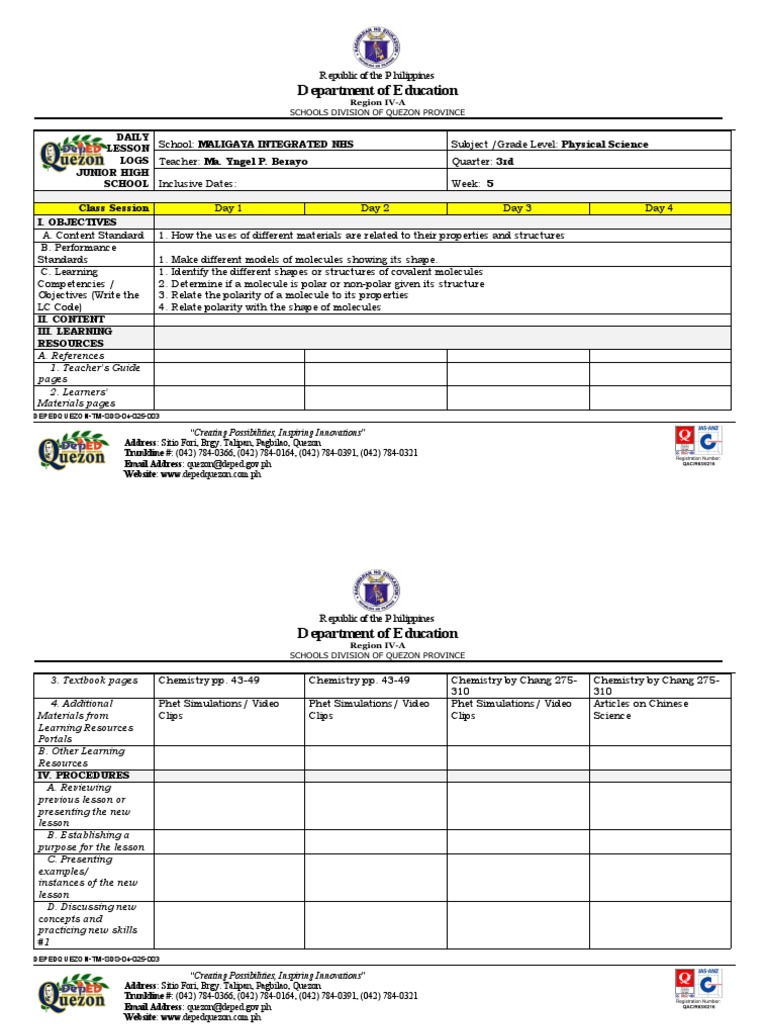 Physical Science G11, Q3, WK 5 - DLL 2022-2023.b | PDF