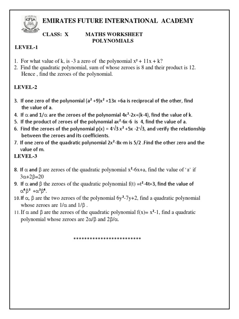 MOHAMMED NIHAL K M - Polynomials Linear Eqns Ws | PDF | Polynomial | Equations
